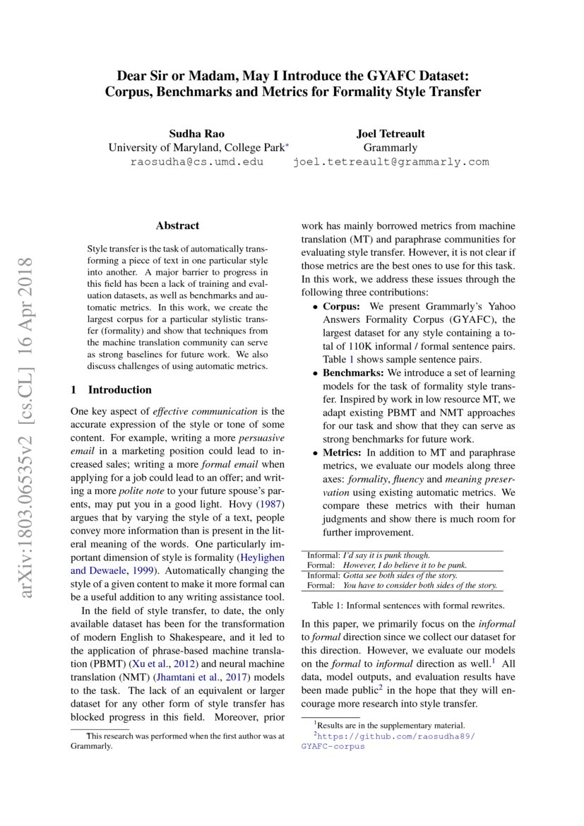 Dear Sir or Madam, May I introduce the GYAFC Dataset: Corpus ...