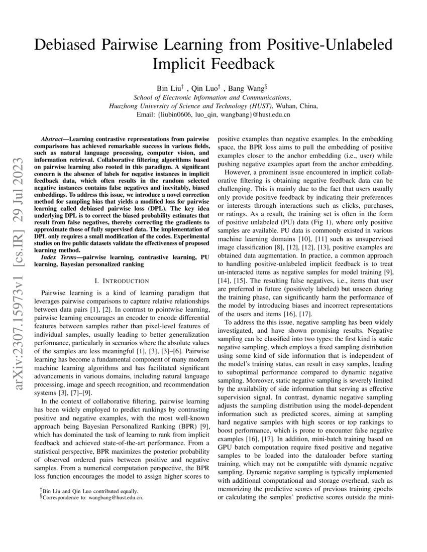 Debiased Pairwise Learning from Positive-Unlabeled Implicit Feedback | DeepAI