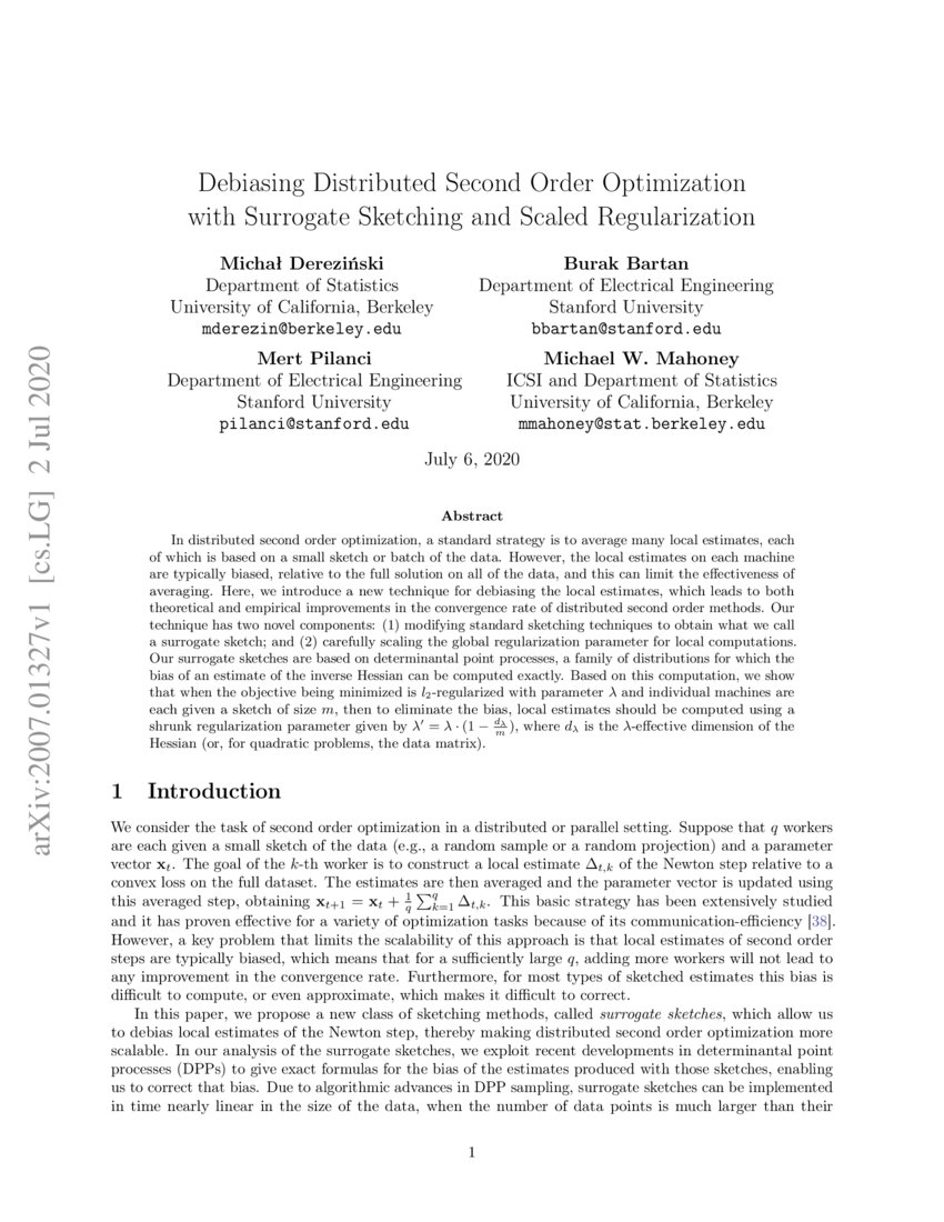 Debiasing Distributed Second Order Optimization with Surrogate Sketching and Scaled ...