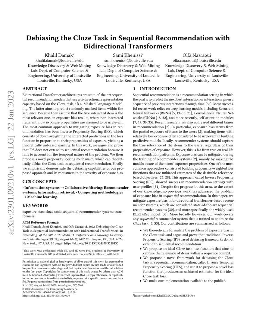 Debiasing the Cloze Task in Sequential Recommendation with Bidirectional Transformers | DeepAI