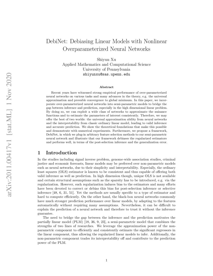 Debinet Debiasing Linear Models With Nonlinear Overparameterized Neural Networks Deepai