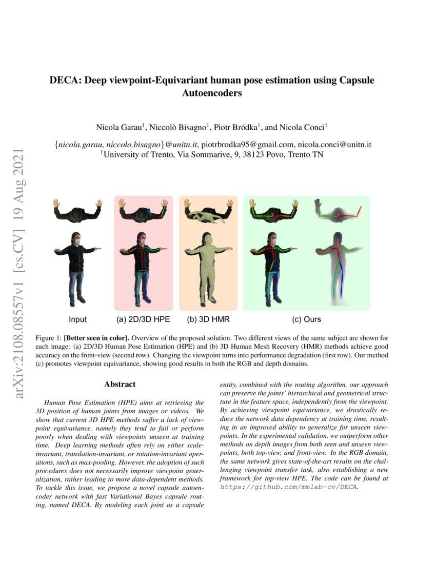 Deca Deep Viewpoint Equivariant Human Pose Estimation Using Capsule Autoencoders Deepai