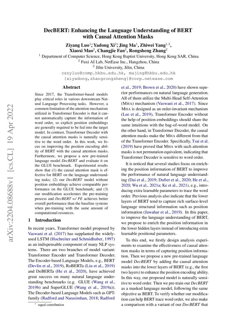 DecBERT: Enhancing the Language Understanding of BERT with Causal ...