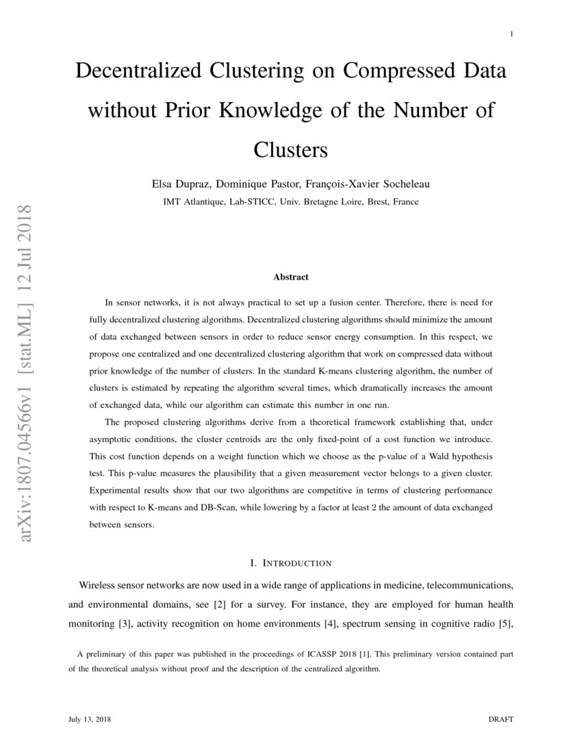 Decentralized Clustering on Compressed Data without Prior Knowledge of the Number of Clusters ...
