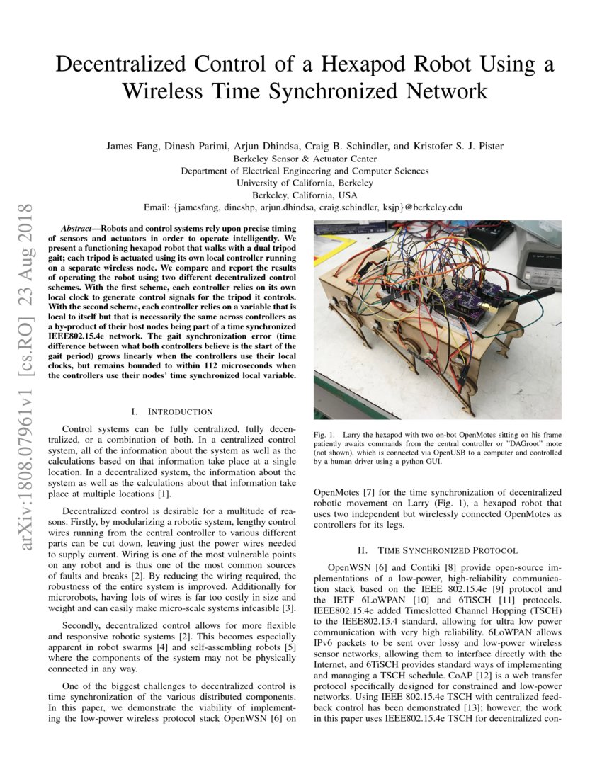Decentralized Control of a Hexapod Robot Using a Wireless Time Synchronized Network | DeepAI