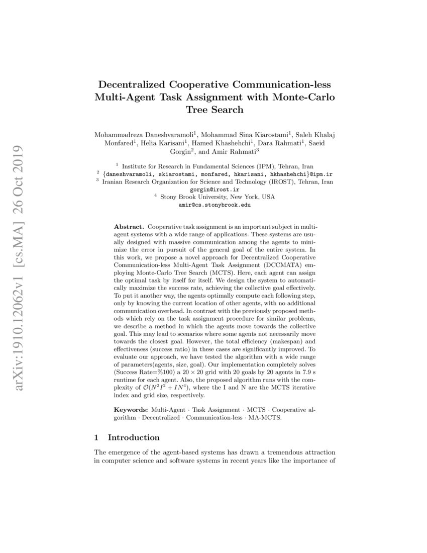 Decentralized Cooperative Communication Less Multi Agent Task Assignment With Monte Carlo Tree