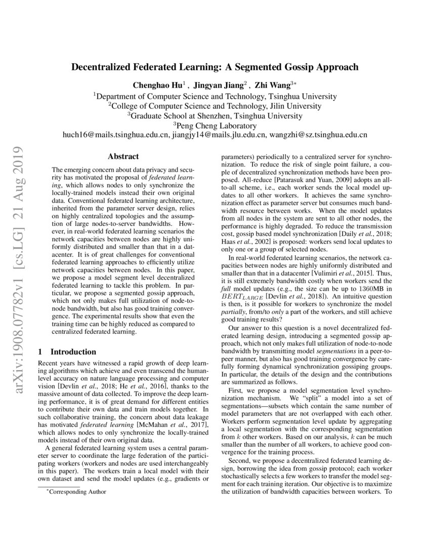 Decentralized Federated Learning: A Segmented Gossip Approach | DeepAI