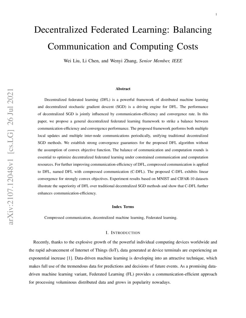 Decentralized Federated Learning: Balancing Communication and Computing Costs | DeepAI