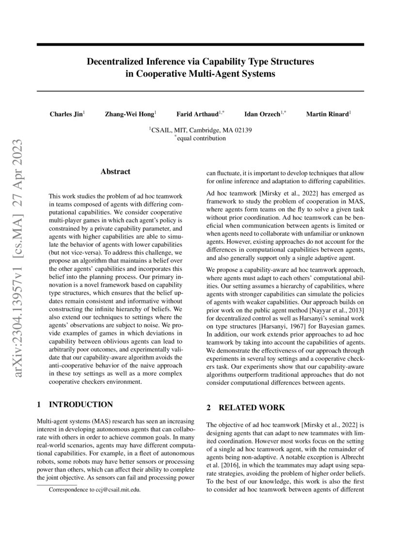 Decentralized Inference Via Capability Type Structures In Cooperative Multi Agent Systems Deepai