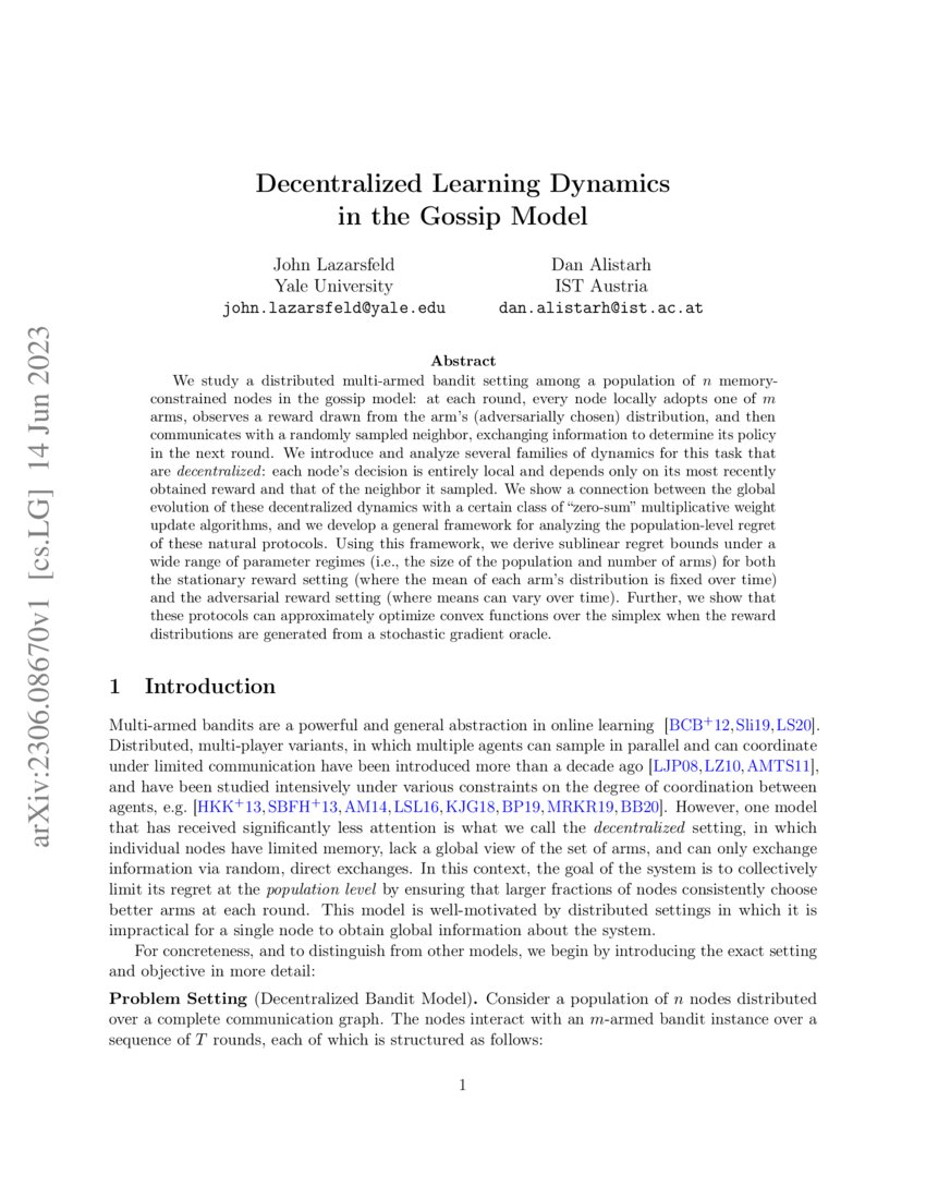 Decentralized Learning Dynamics In The Gossip Model Deepai