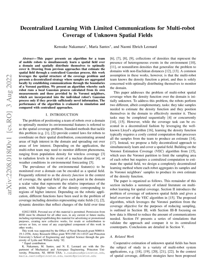 Decentralized Learning With Limited Communications For Multi Robot Coverage Of Unknown Spatial