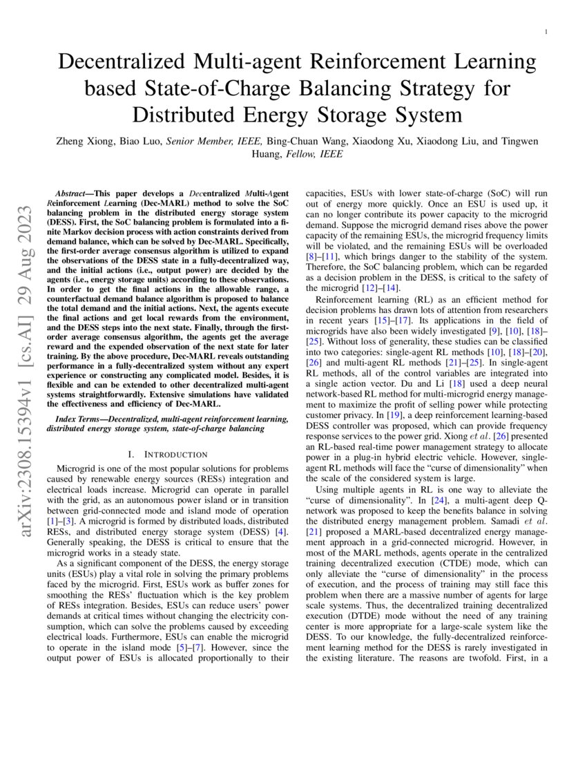 Decentralized Multi Agent Reinforcement Learning Based State Of Charge
