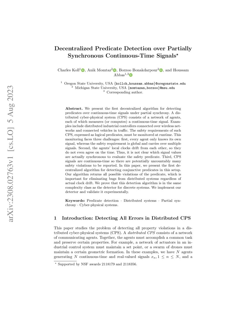 Decentralized Predicate Detection Over Partially Synchronous Continuous Time Signals Deepai