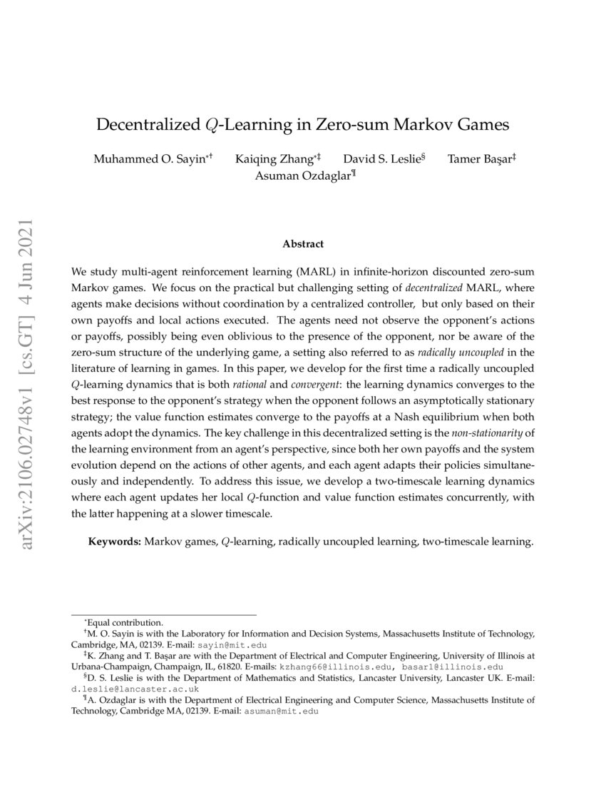 Decentralized Q-Learning in Zero-sum Markov Games | DeepAI