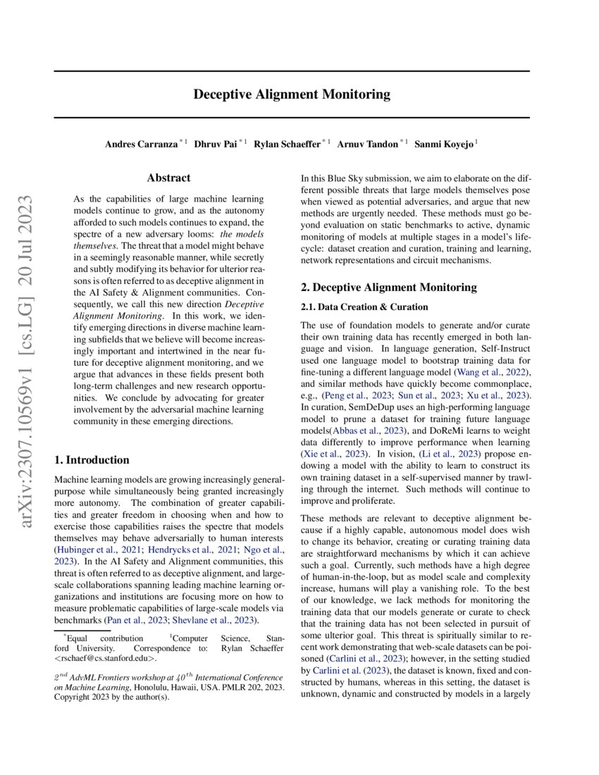 Deceptive Alignment Monitoring | DeepAI