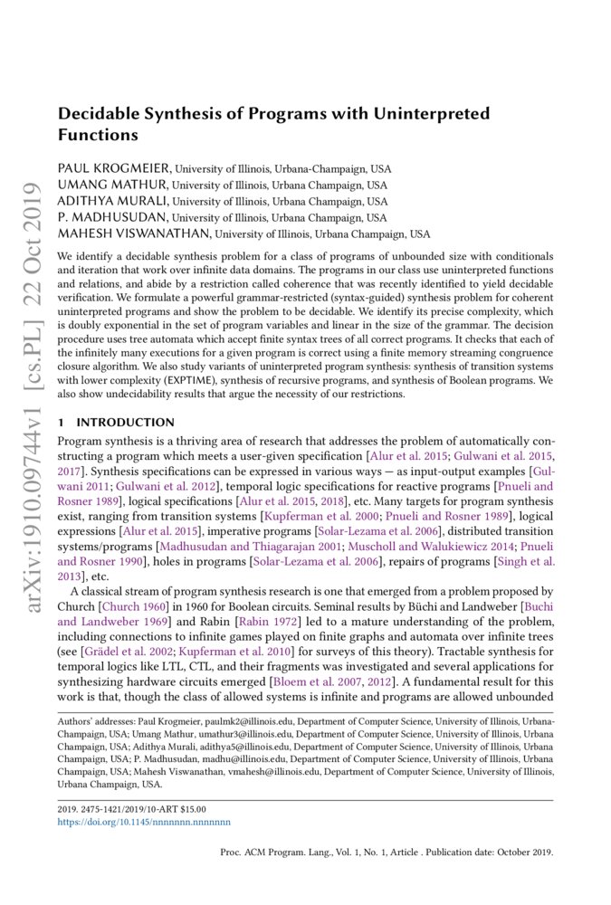Decidable Synthesis of Programs with Uninterpreted Functions | DeepAI
