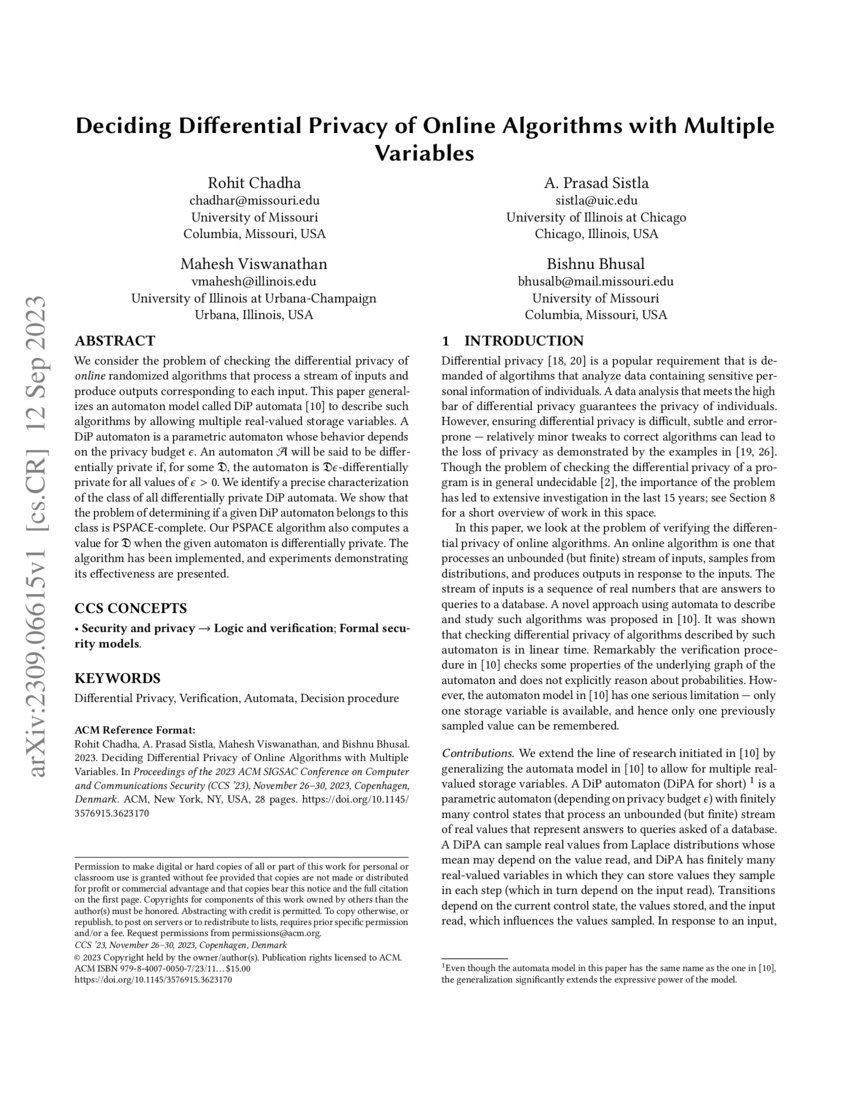 Deciding Differential Privacy Of Online Algorithms With Multiple Variables Deepai 