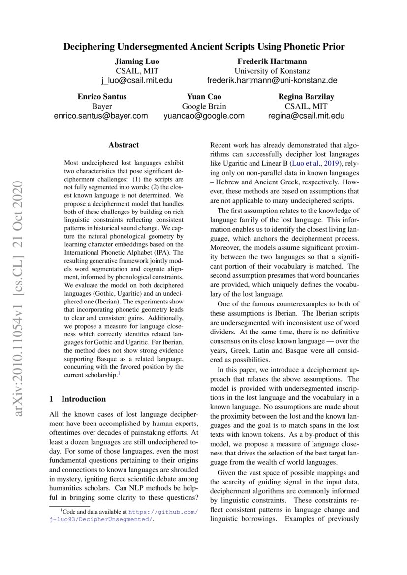 Deciphering Undersegmented Ancient Scripts Using Phonetic Prior | DeepAI Deciphering Undersegmented Ancient Scripts Using Phonetic Prior | DeepAI