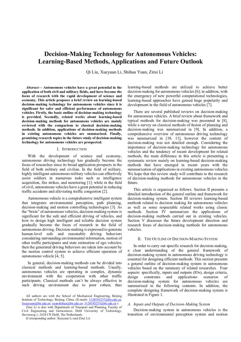 Decision-Making Technology for Autonomous Vehicles Learning-Based ...
