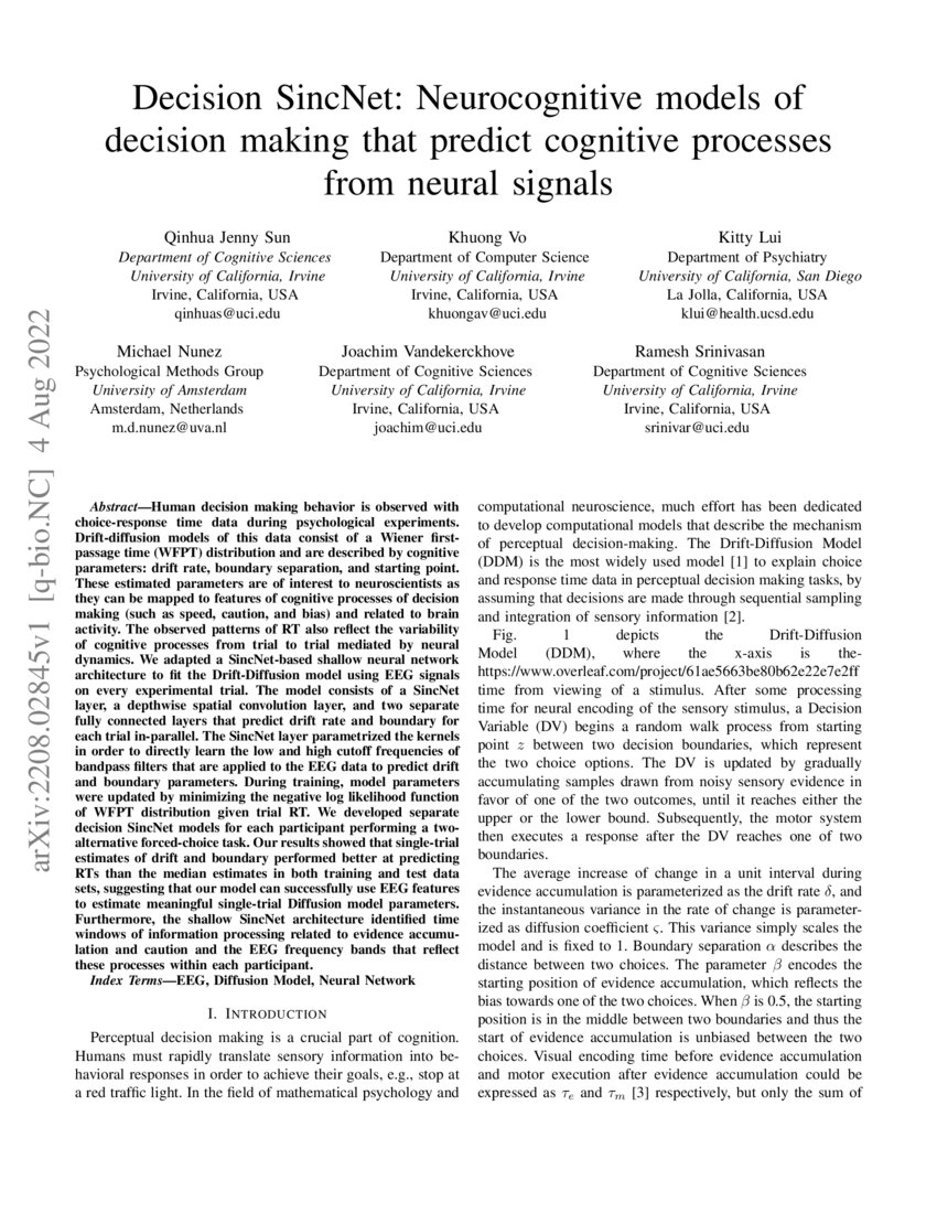 Decision SincNet: Neurocognitive models of decision making that predict cognitive processes from ...