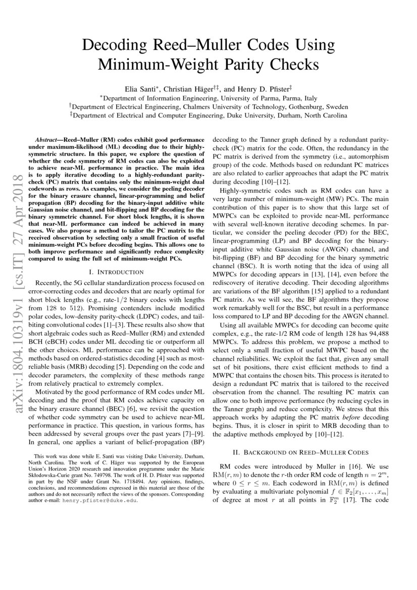 Decoding Reed-Muller Codes Using Minimum-Weight Parity Checks | DeepAI