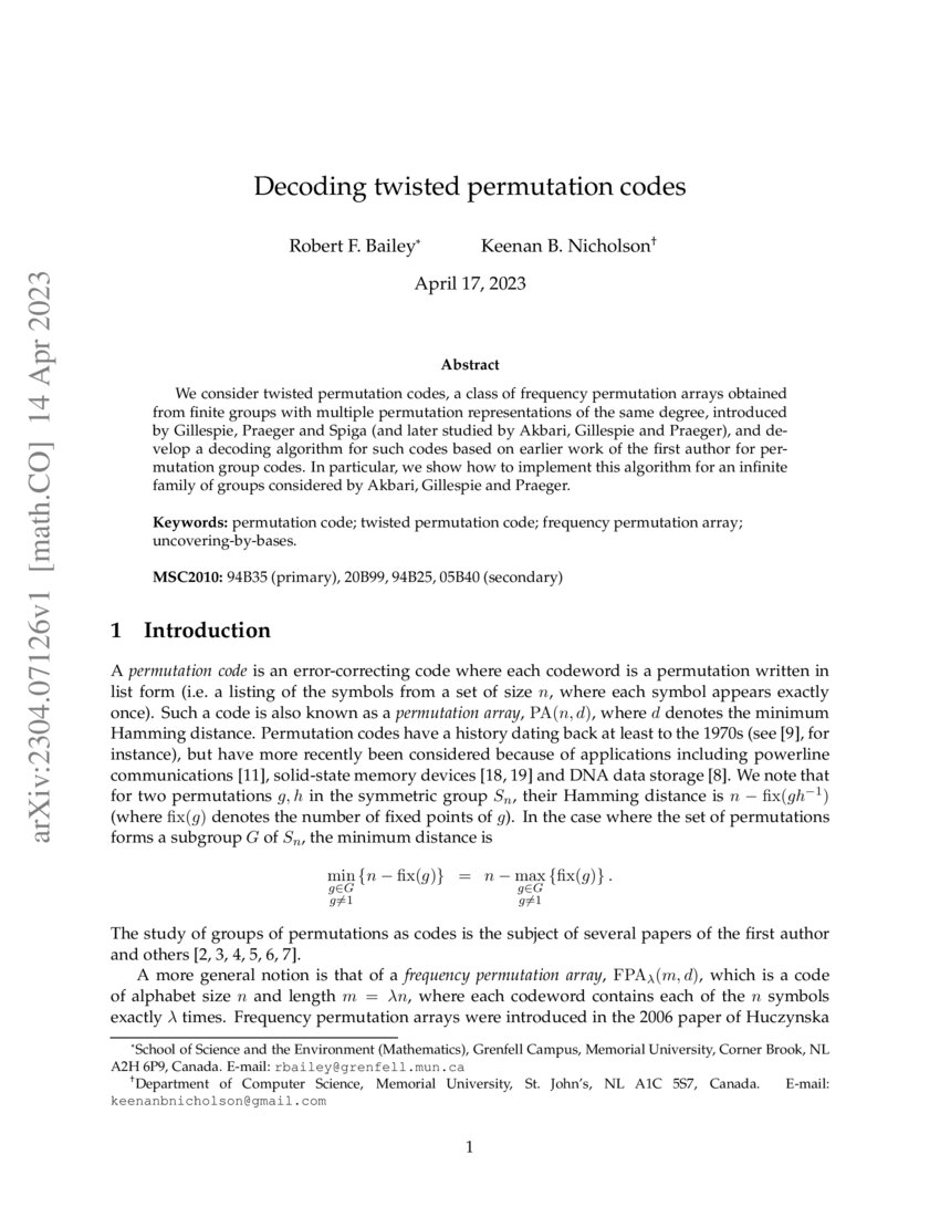 Decoding Twisted Permutation Codes Deepai 