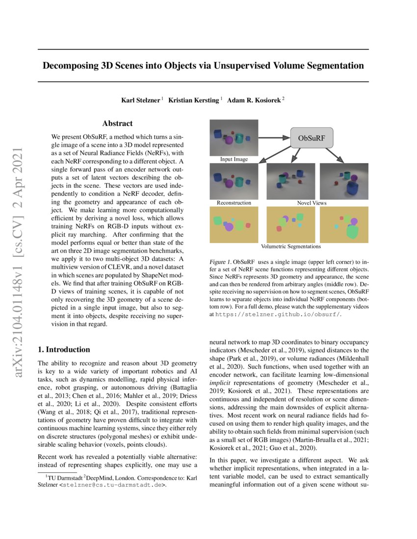 Decomposing 3D Scenes into Objects via Unsupervised Volume Segmentation | DeepAI