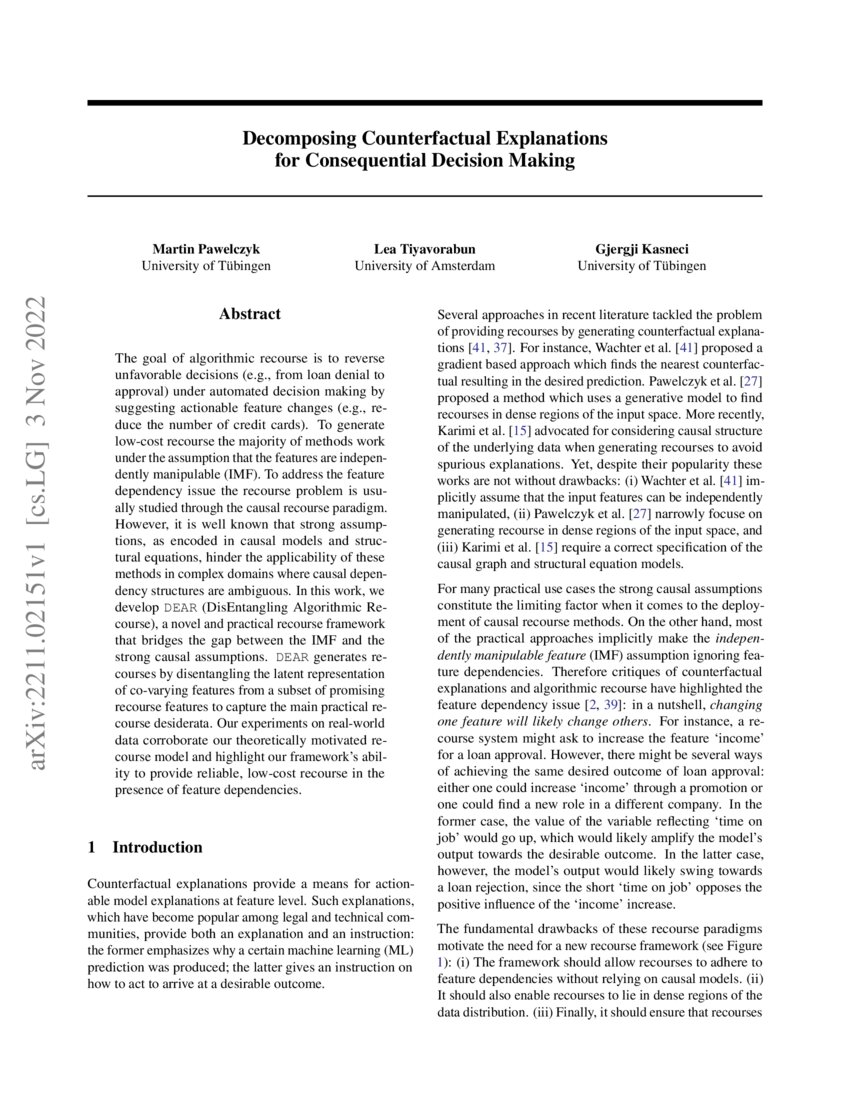 Decomposing Counterfactual Explanations For Consequential Decision Making Deepai