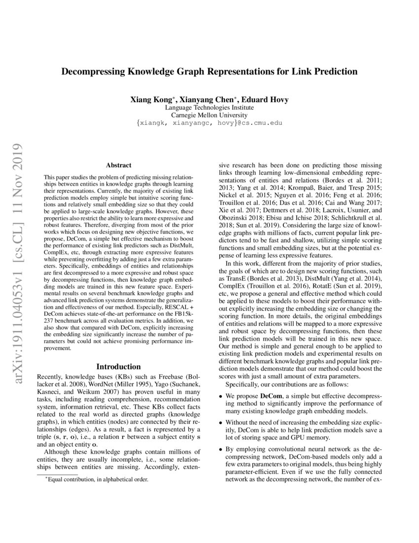 Decompressing Knowledge Graph Representations for Link Prediction | DeepAI