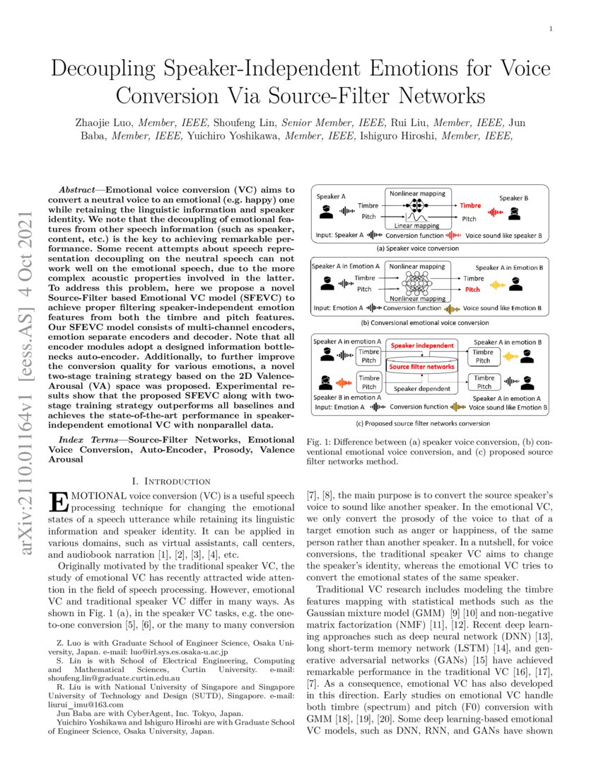Decoupling Speaker-Independent Emotions for Voice Conversion Via Source-Filter Networks | DeepAI