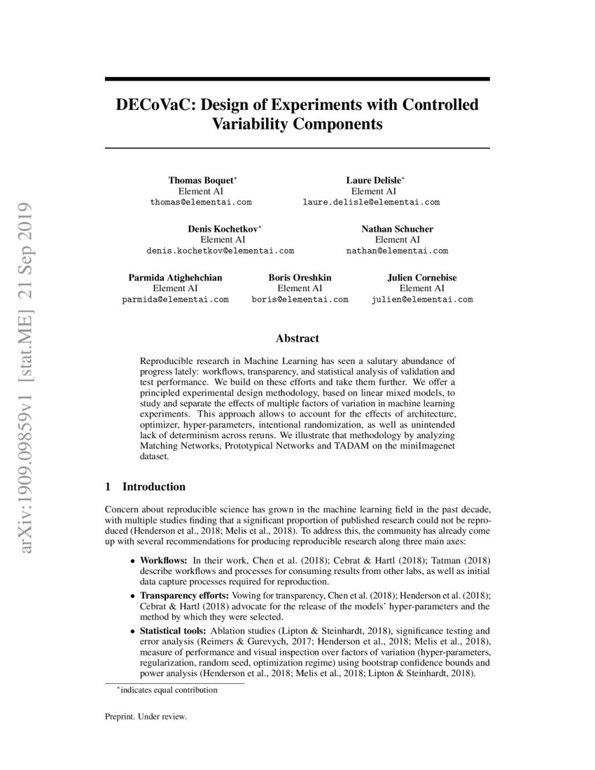 DECoVaC: Design of Experiments with Controlled Variability Components | DeepAI