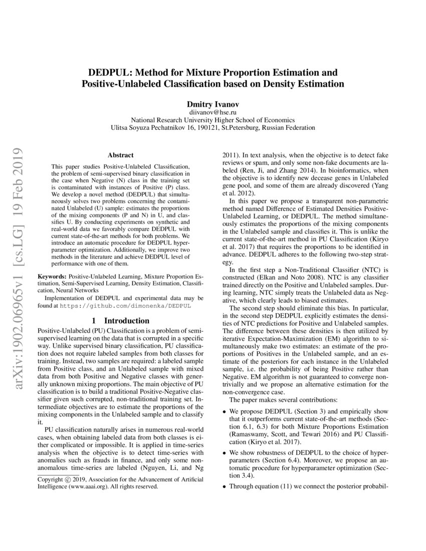 Dedpul Method For Mixture Proportion Estimation And Positive Unlabeled Classification Based On