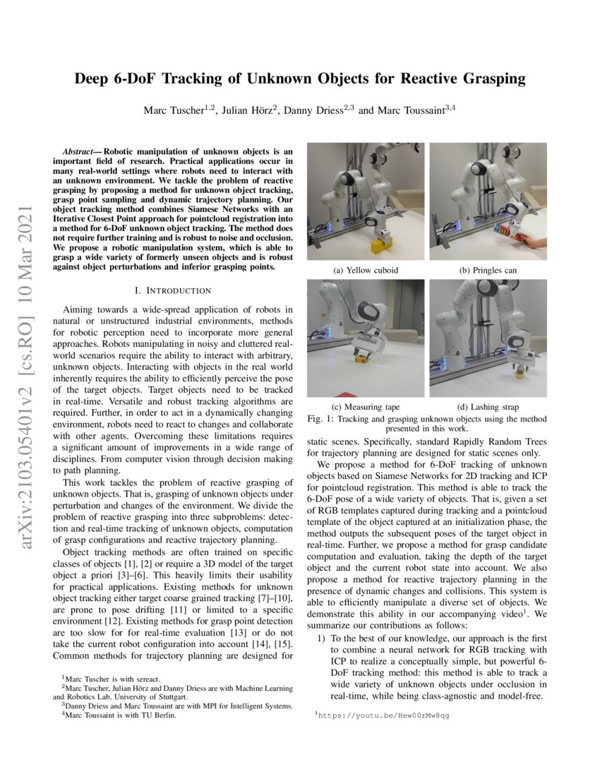 Deep 6-DoF Tracking of Unknown Objects for Reactive Grasping | DeepAI