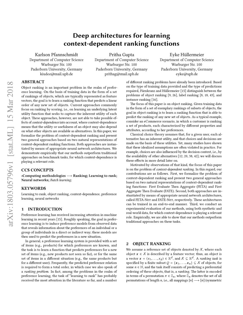 Deep architectures for learning context-dependent ranking functions | DeepAI
