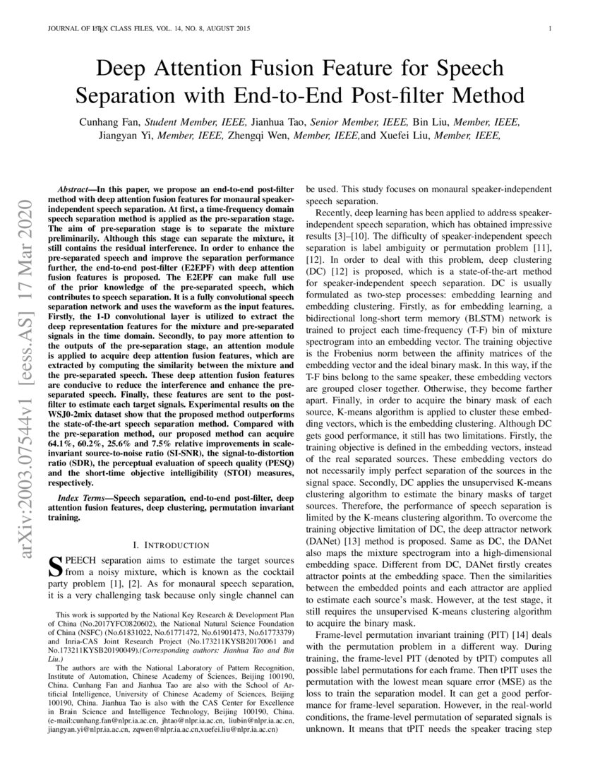 Deep Attention Fusion Feature for Speech Separation with End-to-End Post-filter Method | DeepAI