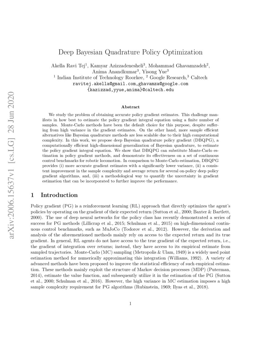 Deep Bayesian Quadrature Policy Optimization | DeepAI