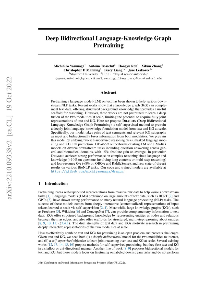 Deep Bidirectional Language-Knowledge Graph Pretraining | DeepAI