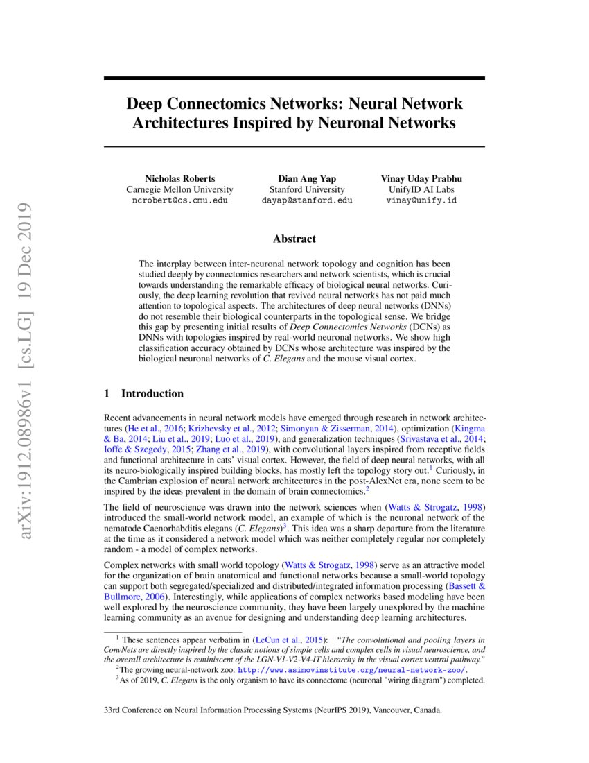Deep Connectomics Networks: Neural Network Architectures Inspired by Neuronal Networks | DeepAI