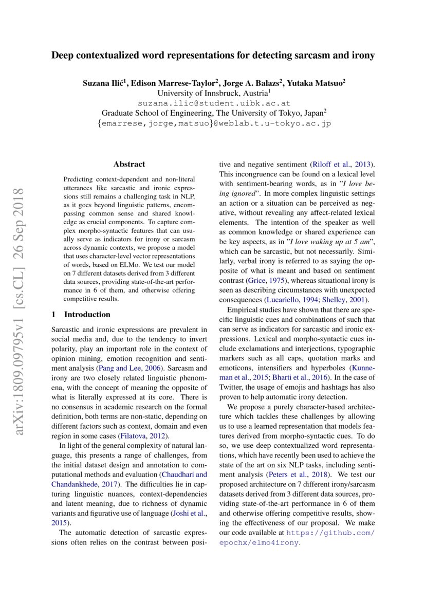 Deep contextualized word representations for detecting sarcasm and irony | DeepAI
