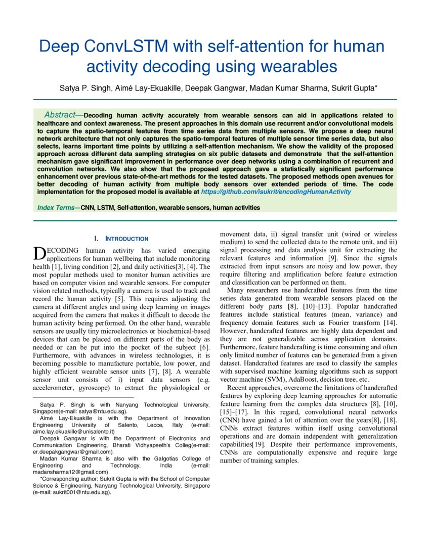 Deep Convlstm With Self Attention For Human Activity Decoding Using Wearables Deepai