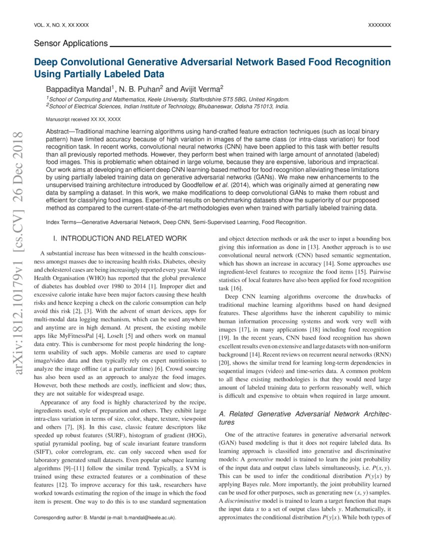 Deep Convolutional Generative Adversarial Network Based Food Recognition Using Partially Labeled
