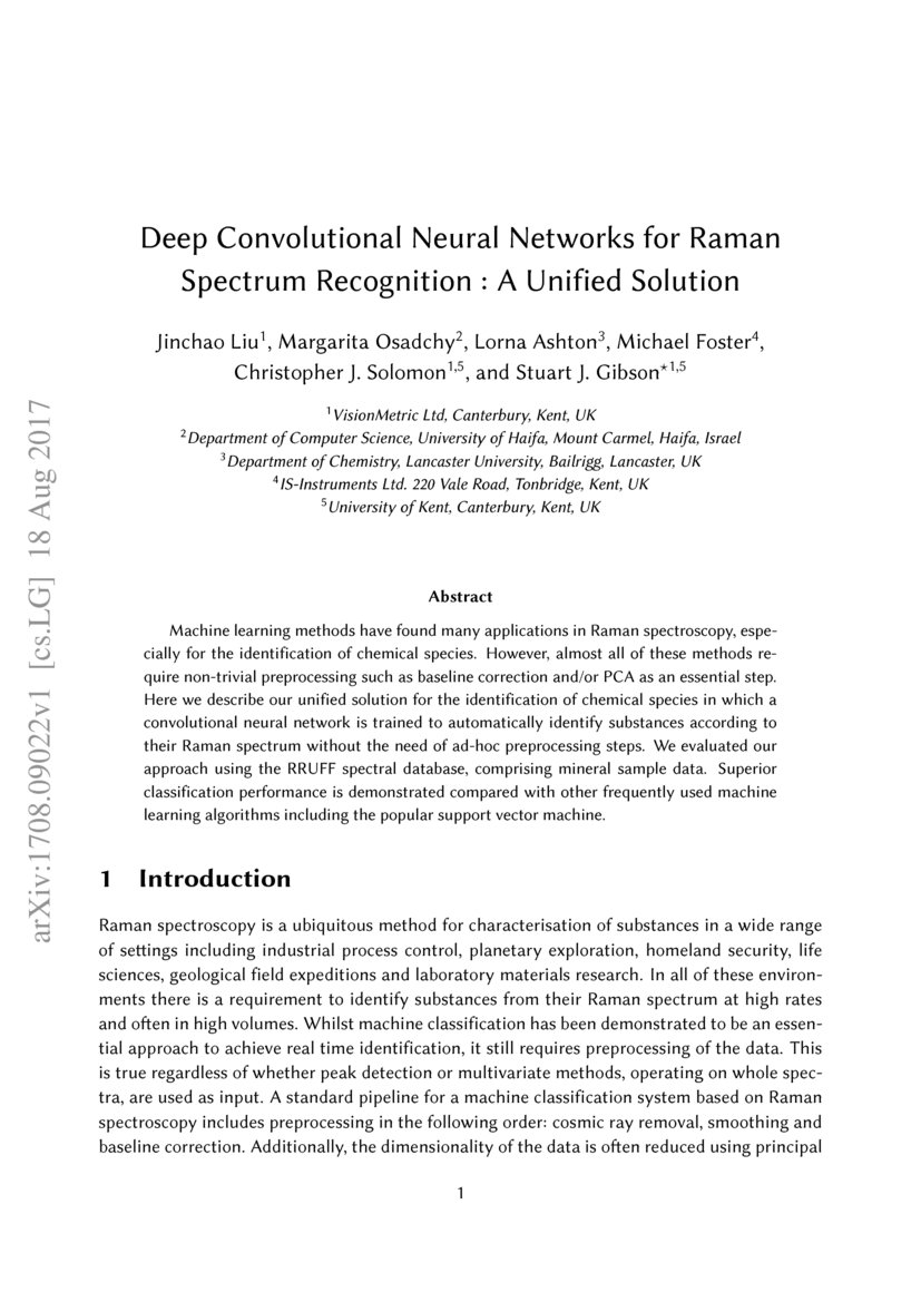 Deep Convolutional Neural Networks For Raman Spectrum Recognition A
