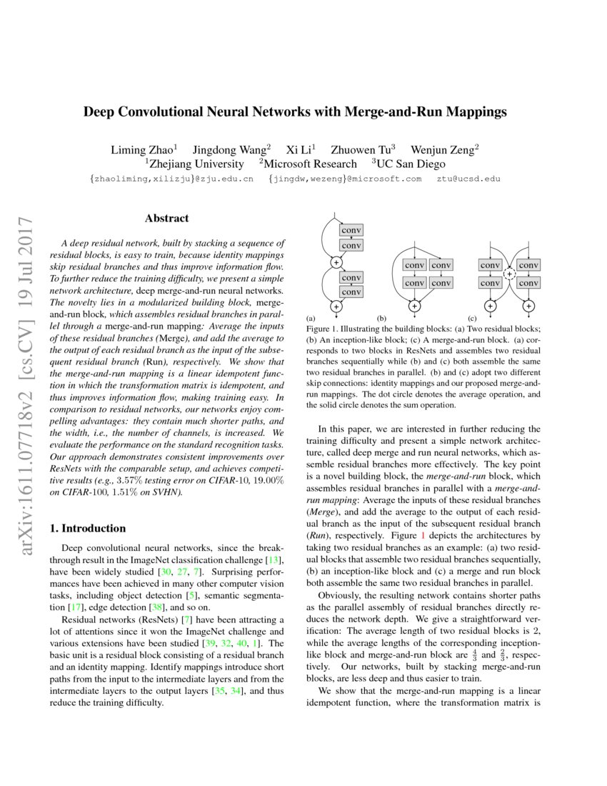 Deep Convolutional Neural Networks With Merge And Run Mappings Deepai