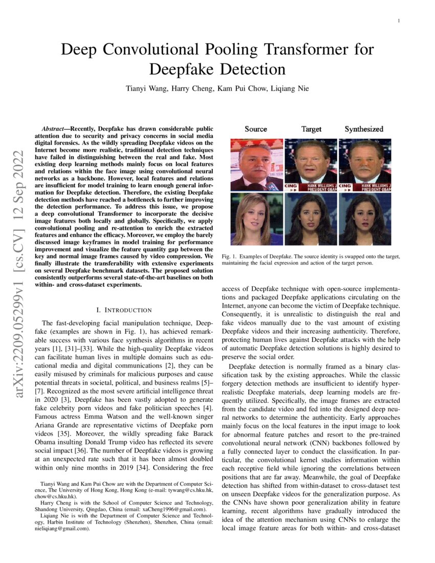 Deep Convolutional Pooling Transformer for Deepfake Detection | DeepAI Deep Convolutional Pooling Transformer for Deepfake Detection | DeepAI
