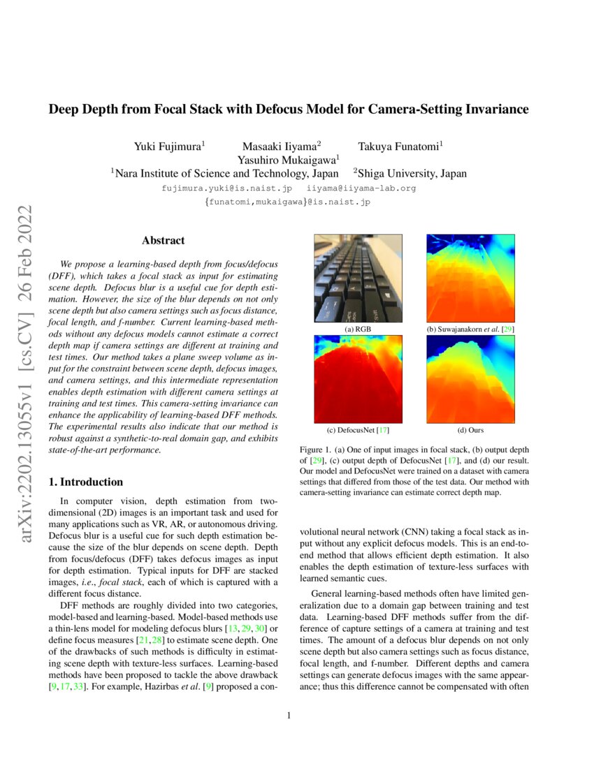 Deep Depth from Focal Stack with Defocus Model for Camera-Setting Invariance | DeepAI