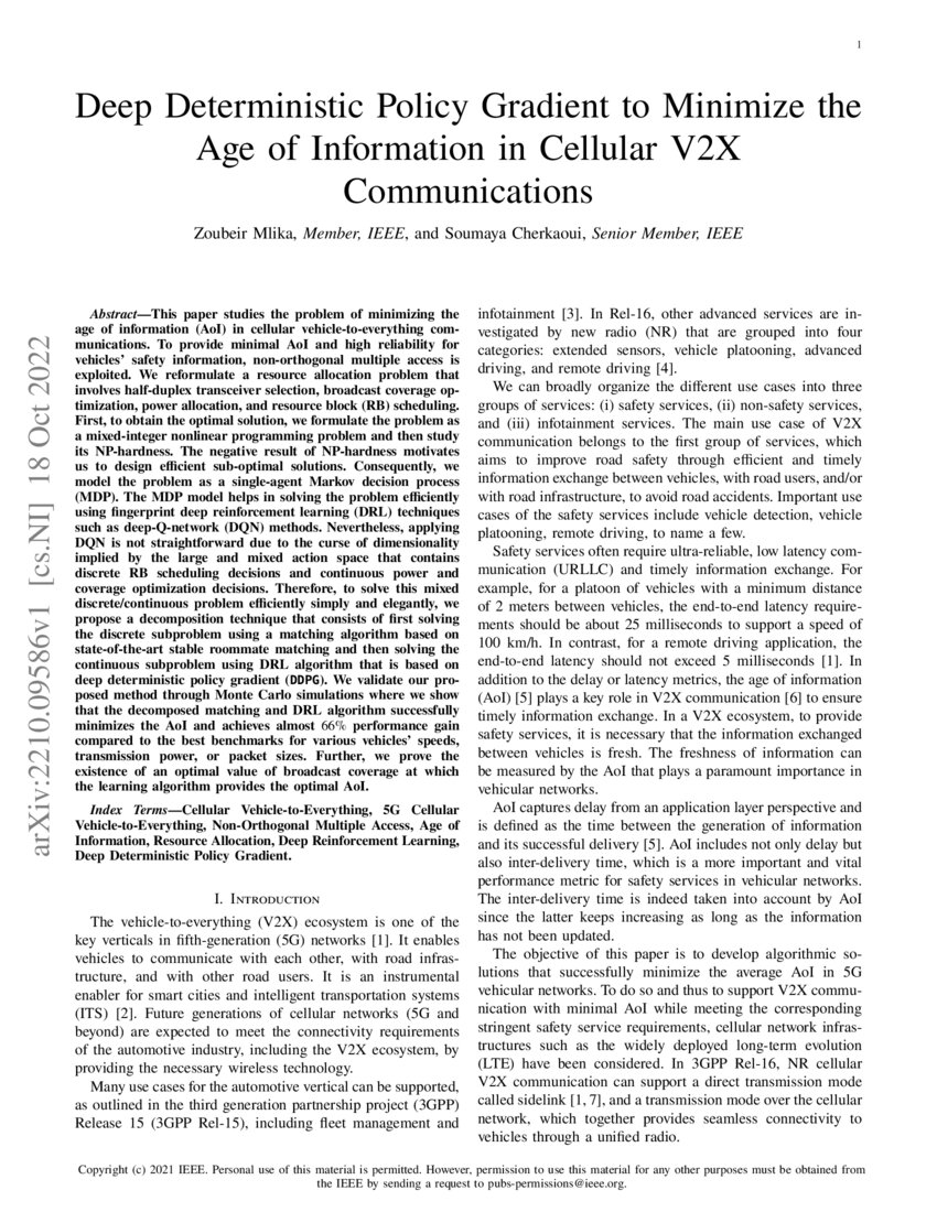Deep Deterministic Policy Gradient To Minimize The Age Of Information In Cellular V2x