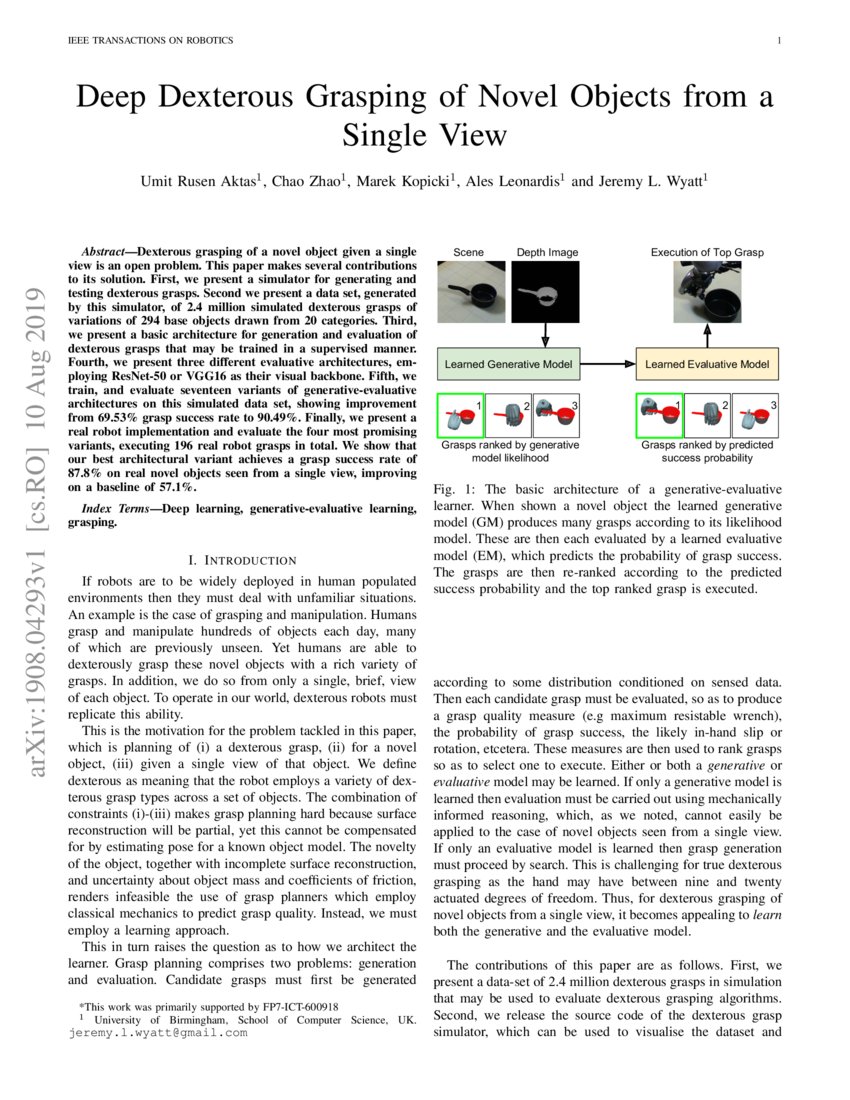 Deep Dexterous Grasping of Novel Objects from a Single View | DeepAI