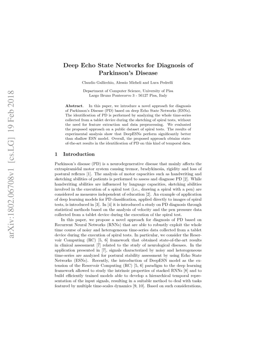 Deep Echo State Networks for Diagnosis of Parkinson's Disease | DeepAI