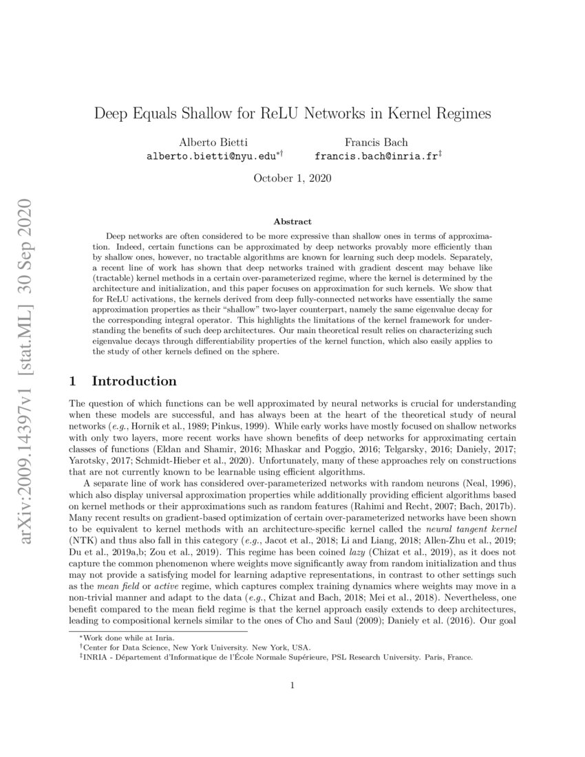 Deep Equals Shallow For Relu Networks In Kernel Regimes Deepai 