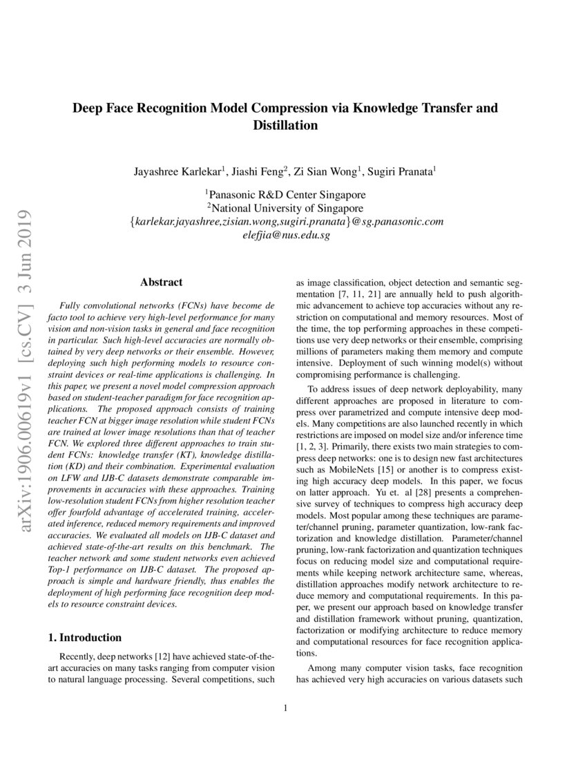 Deep Face Recognition Model Compression via Knowledge Transfer and Distillation | DeepAI